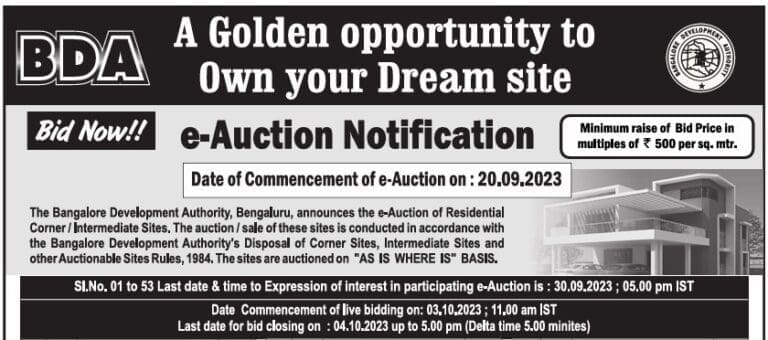 Latest BDA E-auction Sep-Oct 2023 | How to Bid online?
